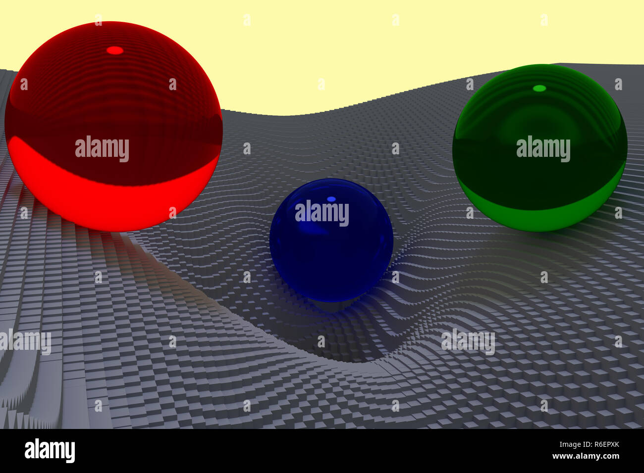 3d illustration of glass balls and a landscape of potential funnels ...