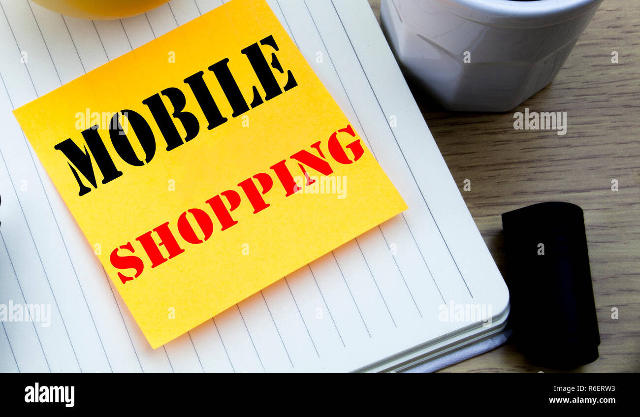 Writing text showing Mobile Shopping. Business concept for Cellphone ...