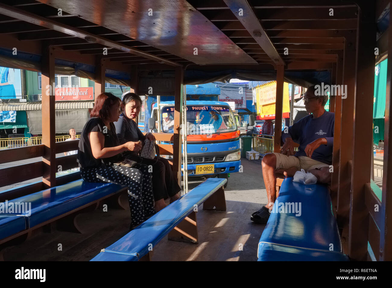 The inside of a songthaew, a typical local bus in Phuket, leaving the ...