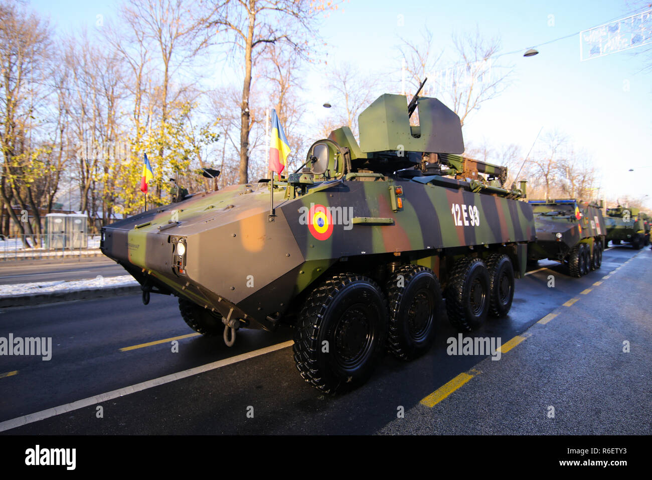 BUCHAREST, ROMANIA - December 1, 2018: Mowag Piranha armored military ...