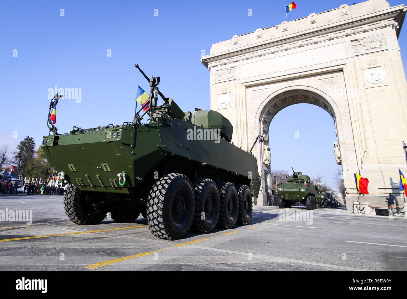 BUCHAREST, ROMANIA - December 1, 2018: Piranha V PC 8x8 armored vehicle ...
