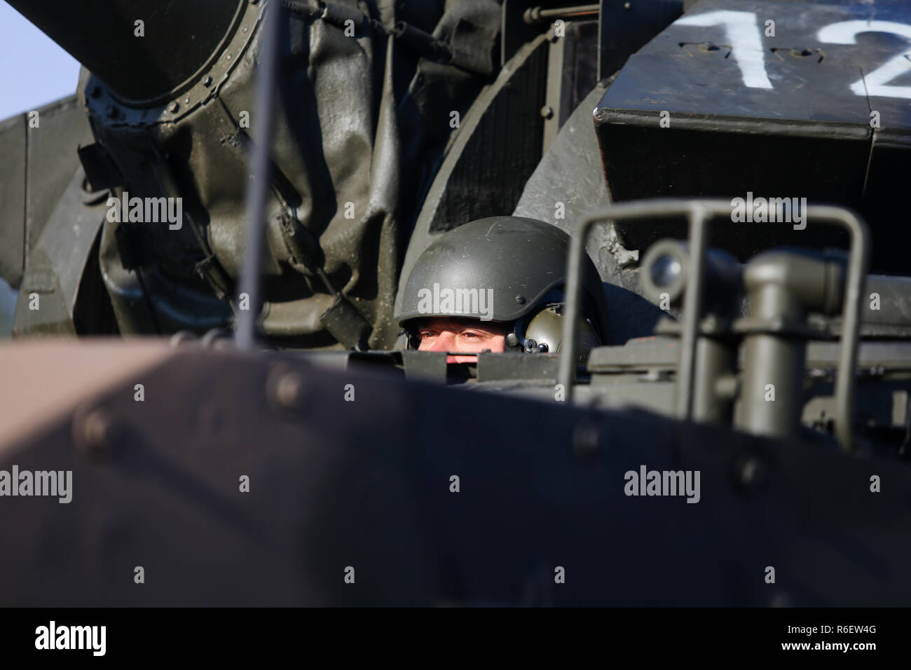 BUCHAREST, ROMANIA - December 1, 2018: The driver of a TR 85 M1 ...