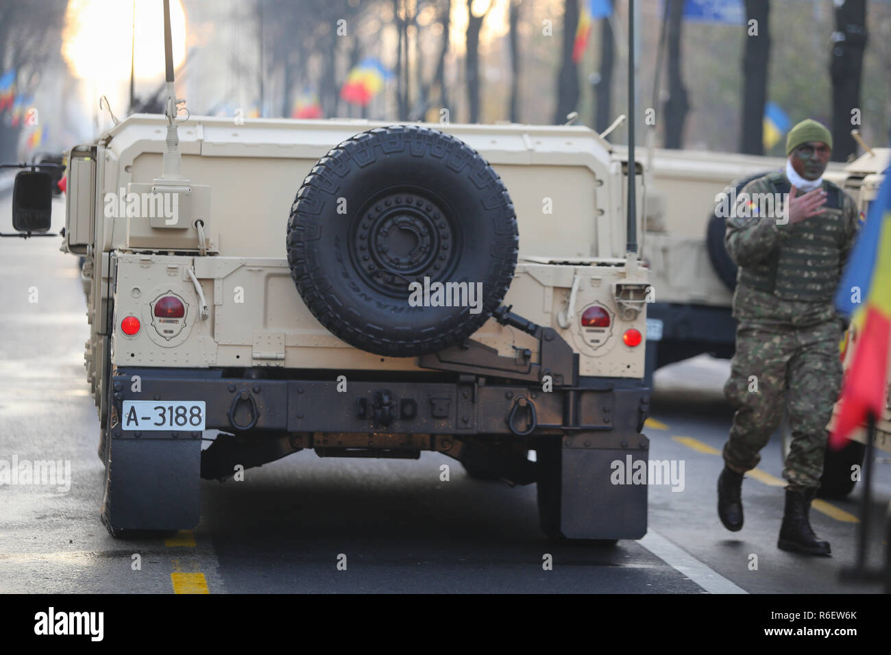 BUCHAREST, ROMANIA - December 1, 2018: Rear of a Humvee military ...