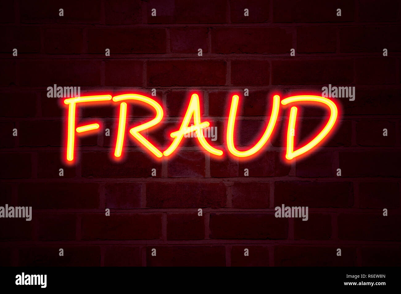 Fraud neon sign on brick wall background. Fluorescent Neon tube Sign on ...