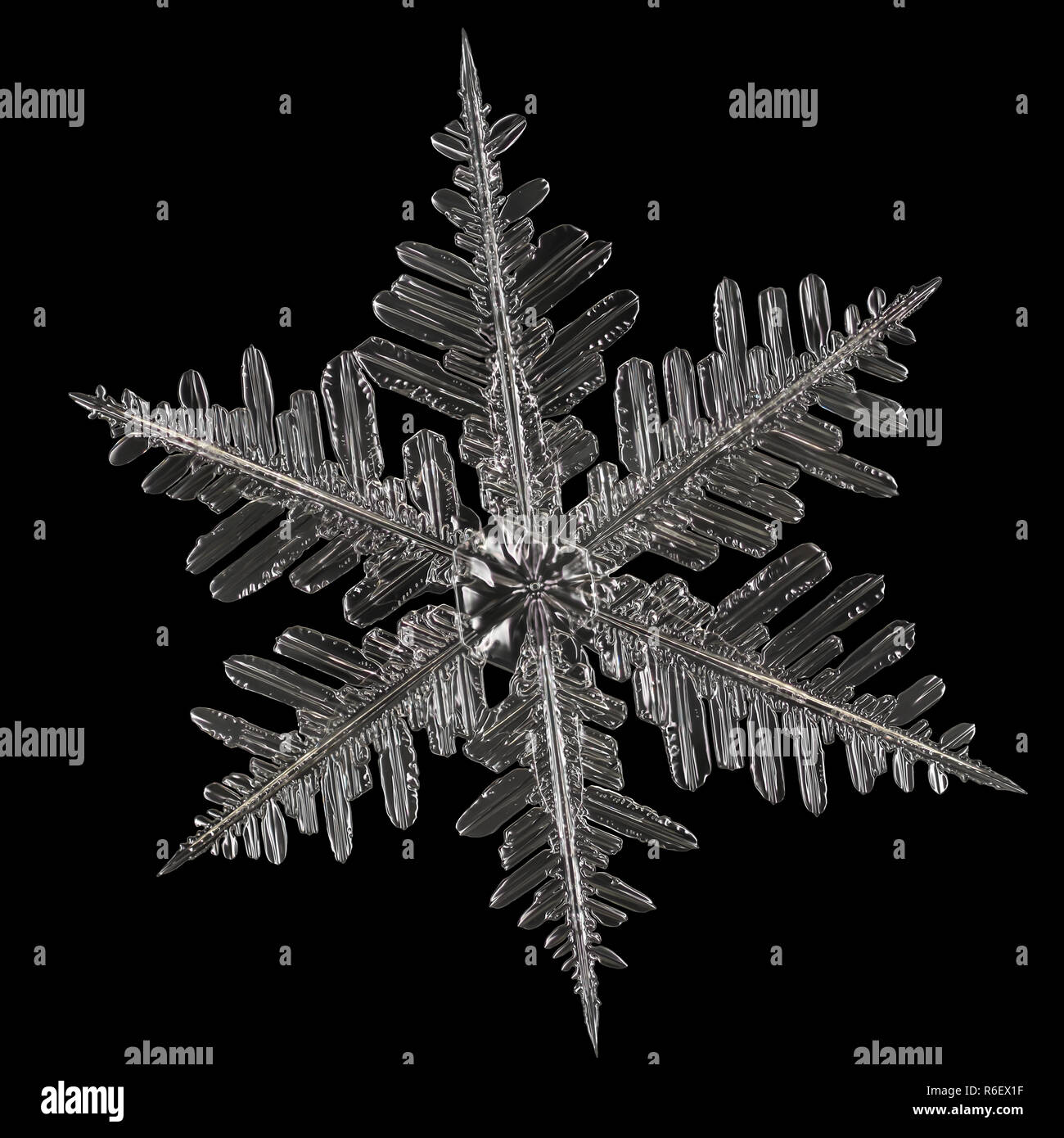 Extreme magnification - Real snowflake isolated on black background ...