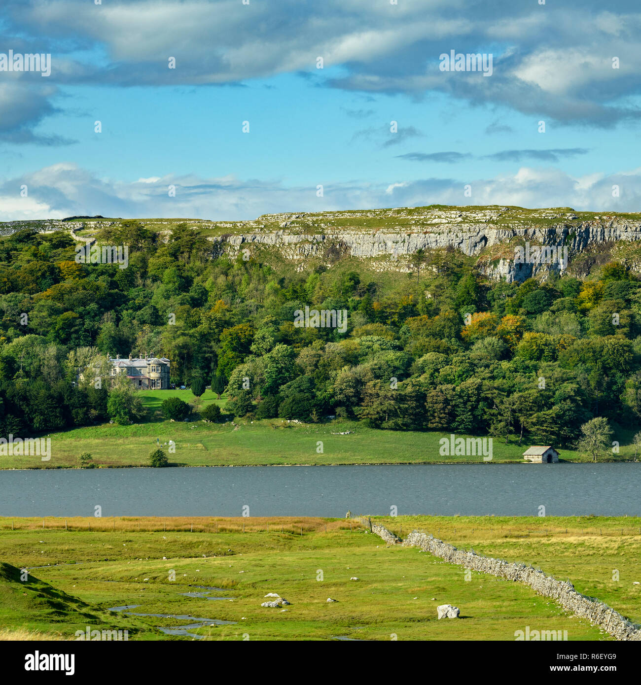 Picturesque view over Malham Tarn (glacial lake) woodland & towering ...