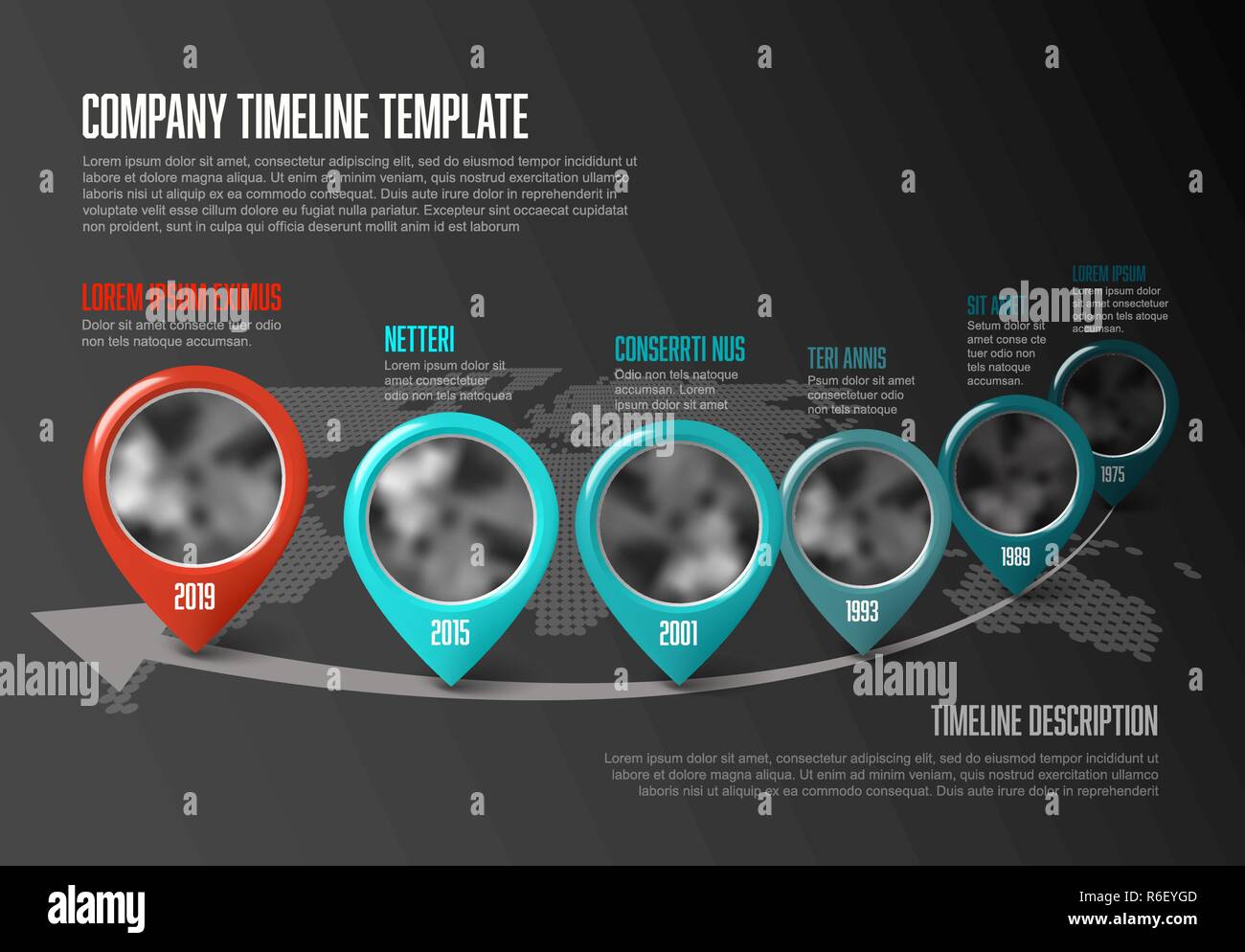 Vector Infographic Company Milestones Timeline Template with pointers and photo placeholders on ...