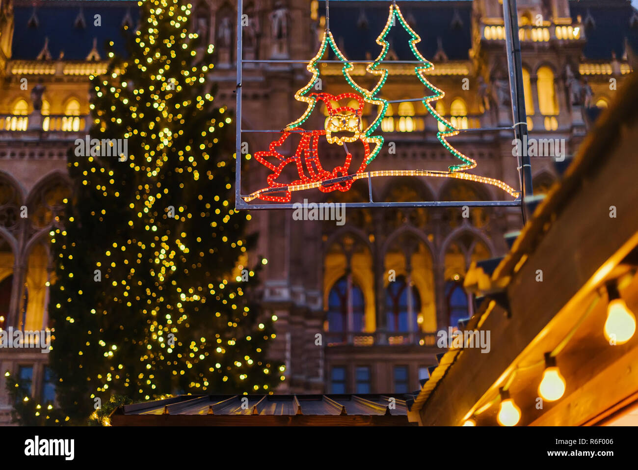 Vienna, Austria - December 24, 2017. Illuminated decorative garland ...