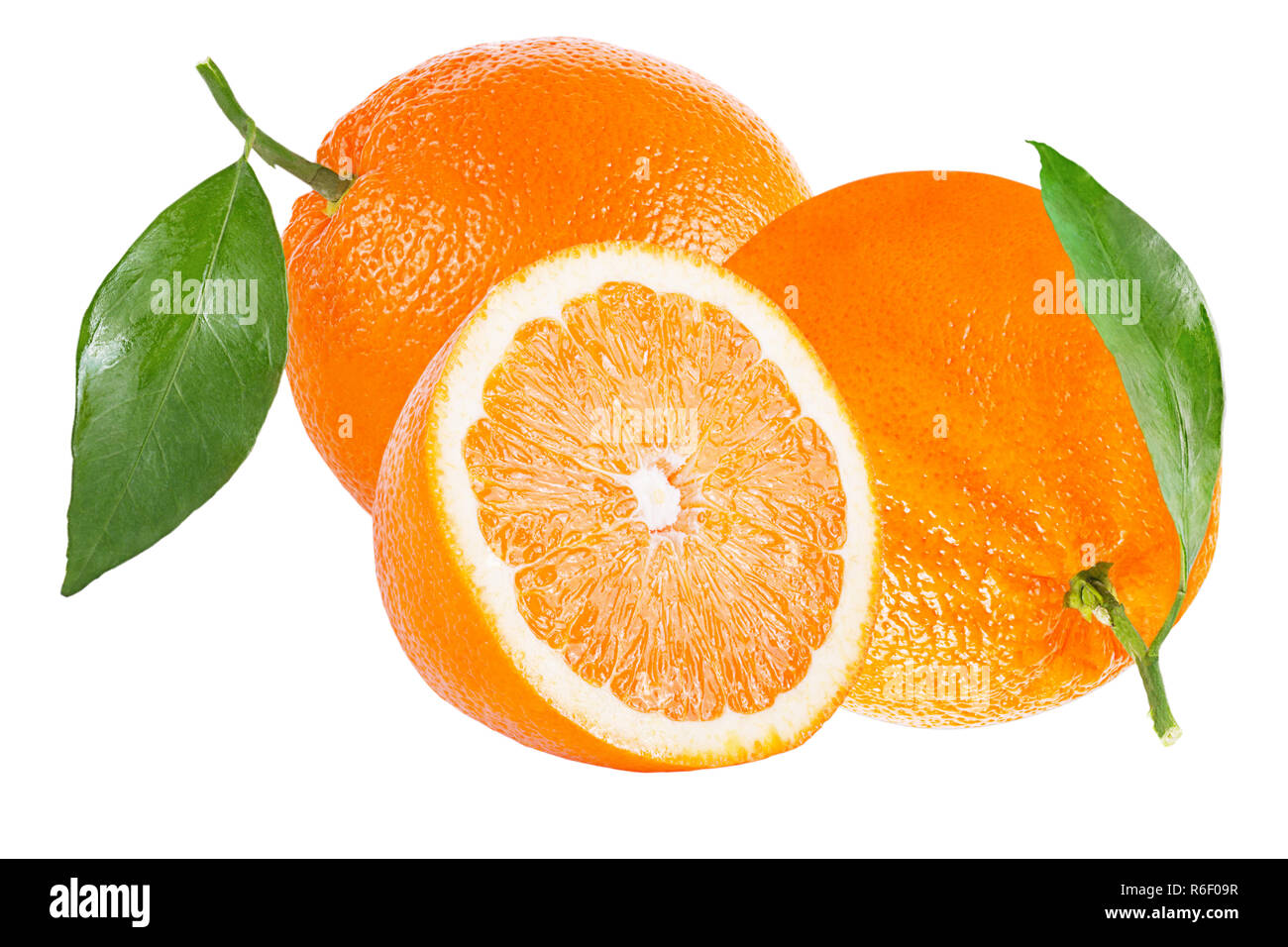 Two whole and half orange with leaf isolated on white Stock Photo - Alamy