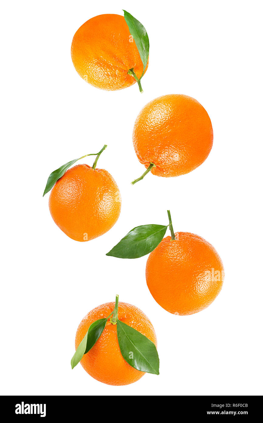 Falling whole orange with leaf isolated on white Stock Photo - Alamy