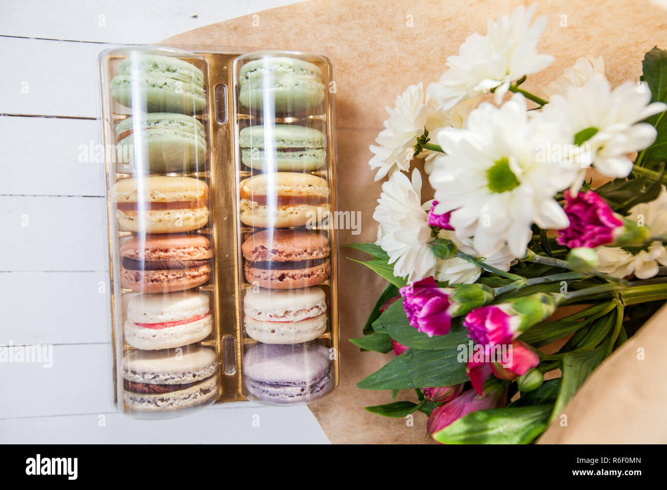 Dessert Handmade Macarons and Flowers Stock Photo - Alamy