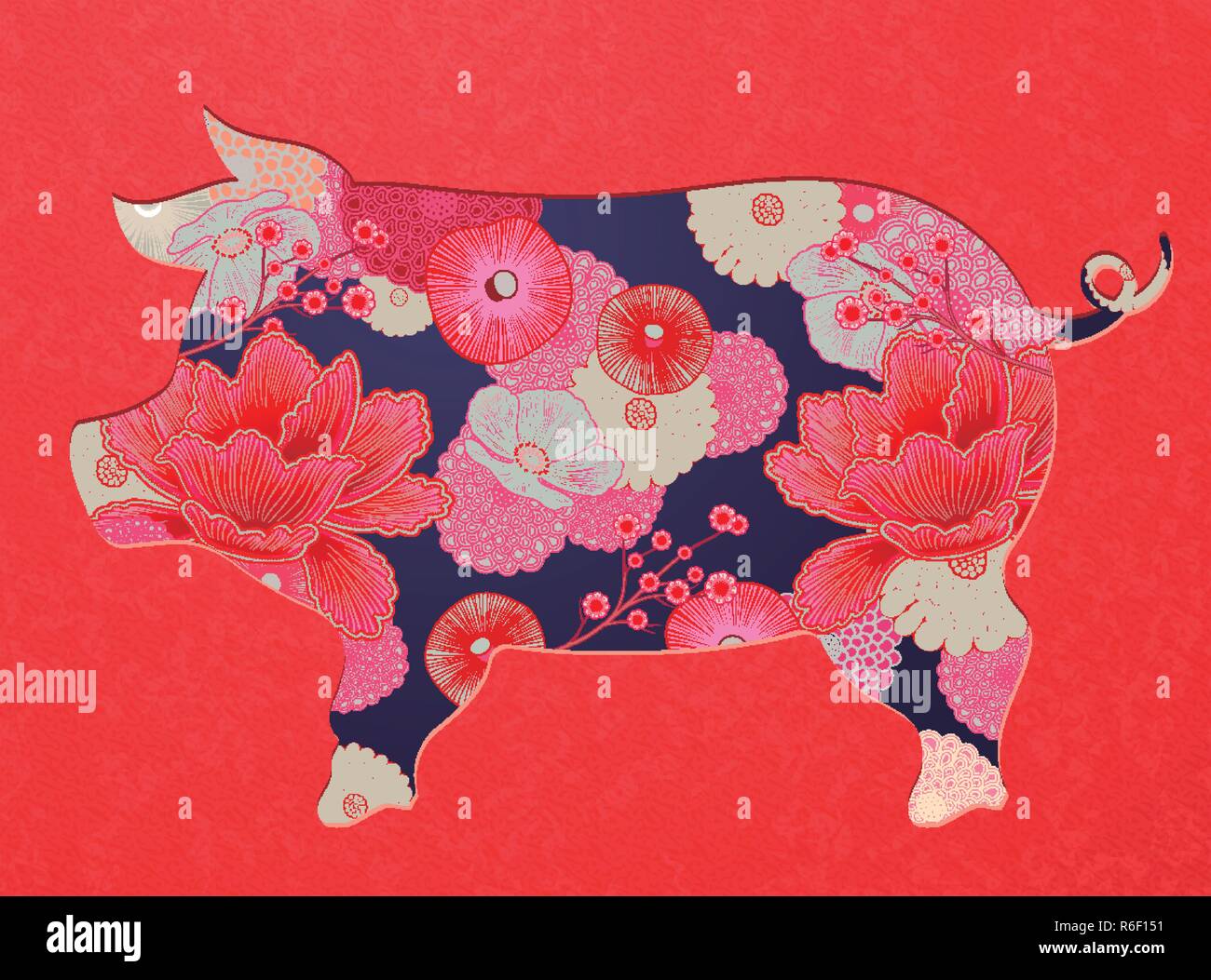 Floral pig silhouette for design uses in fluorescent pink tone Stock ...