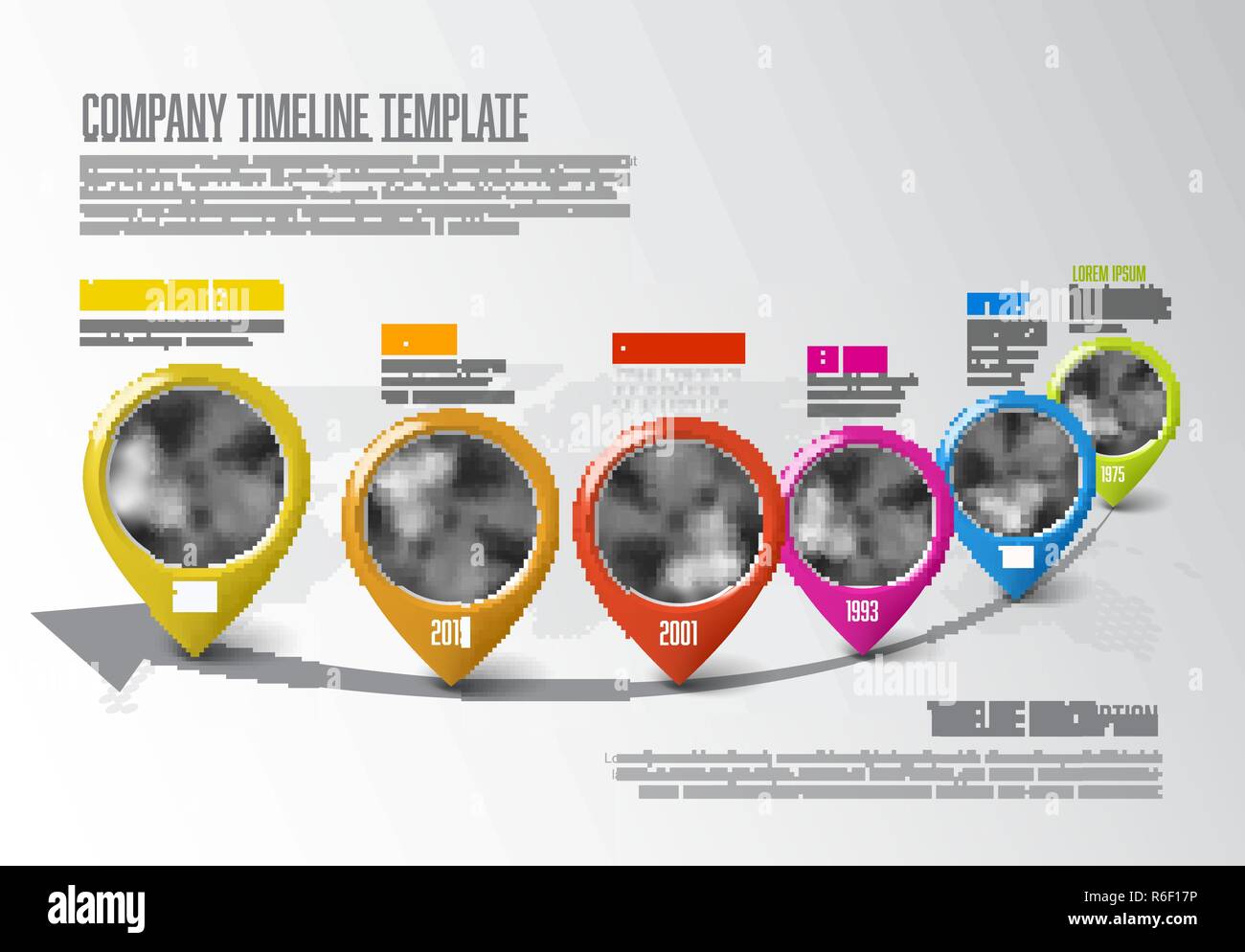 Vector Infographic Company Milestones Timeline Template with pointers and photo placeholders on ...