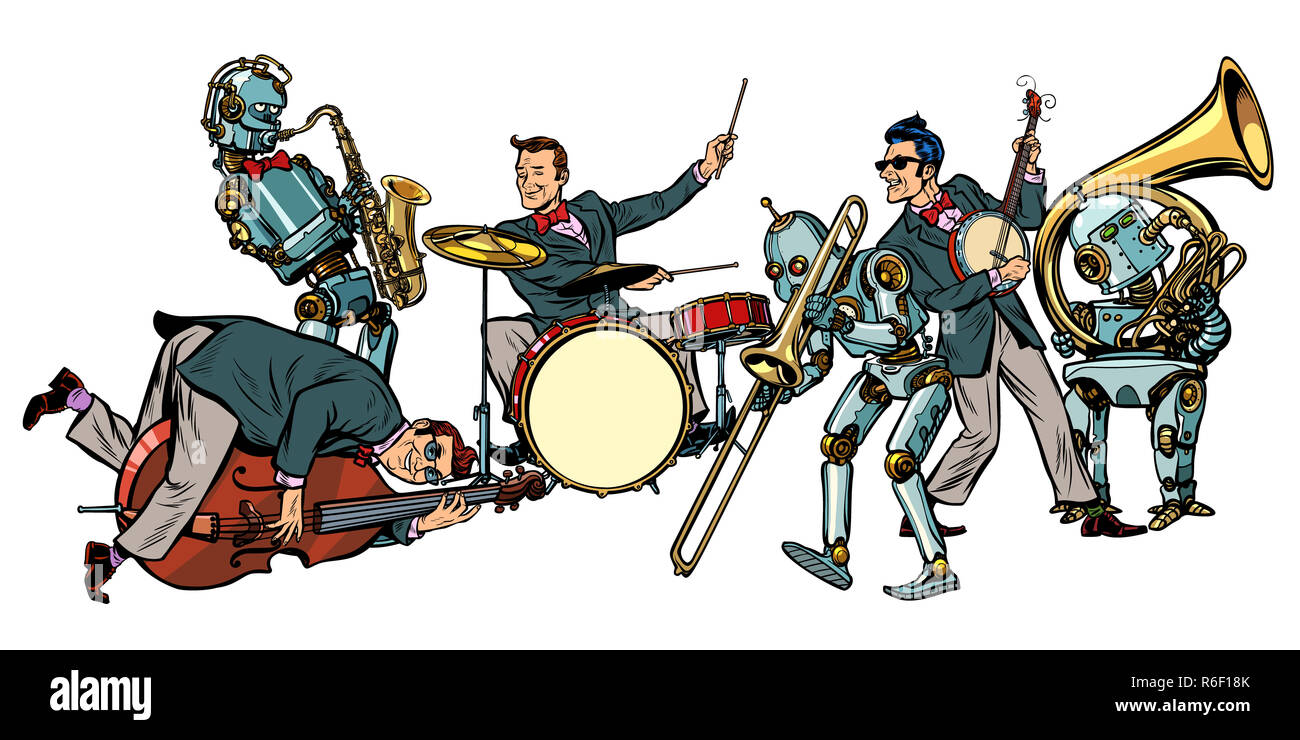 futuristic jazz orchestra of humans and robots, isolated on whit Stock ...