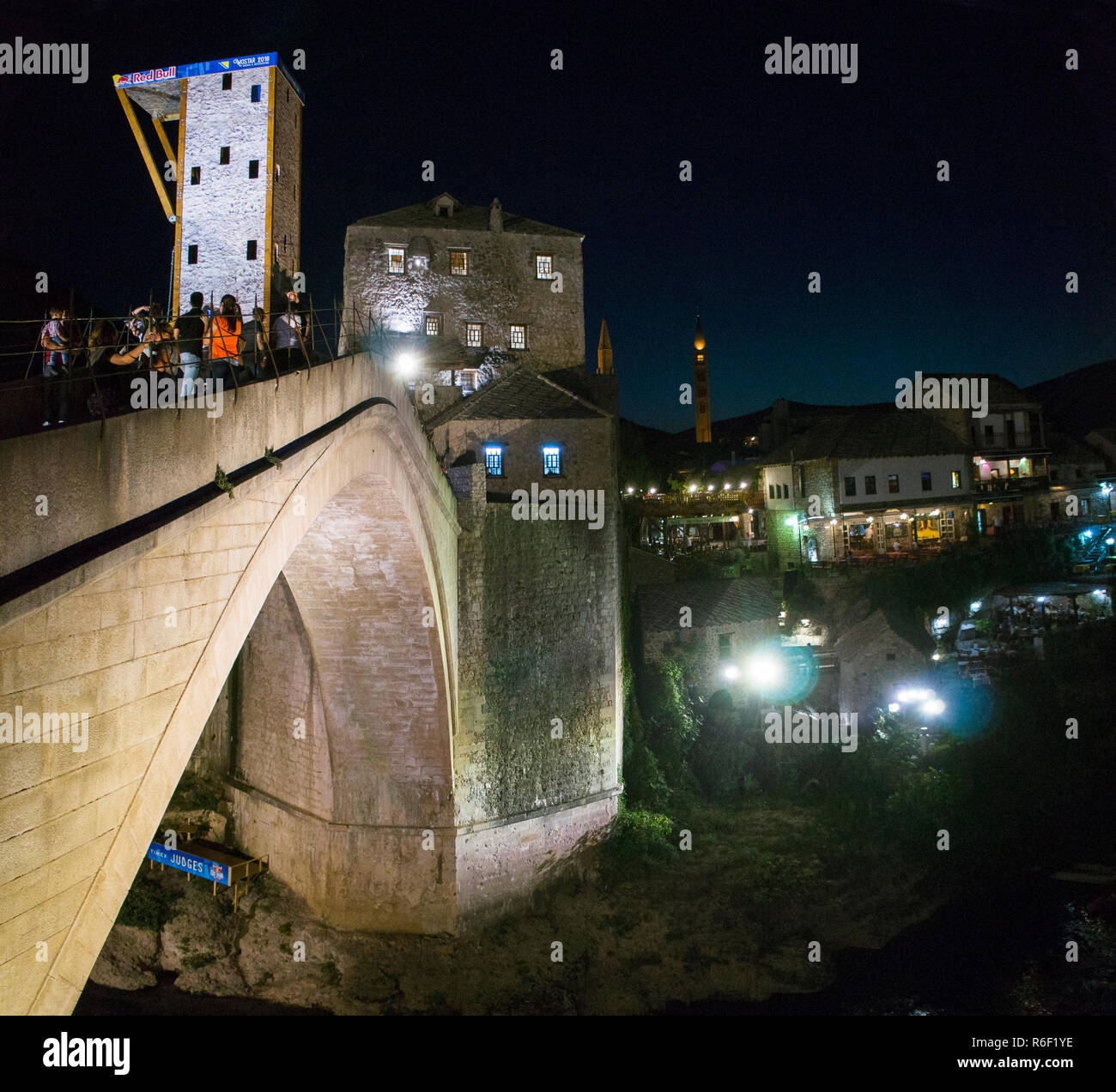 A night view of the historical Stari Most, an arch Old Bridge build in ...