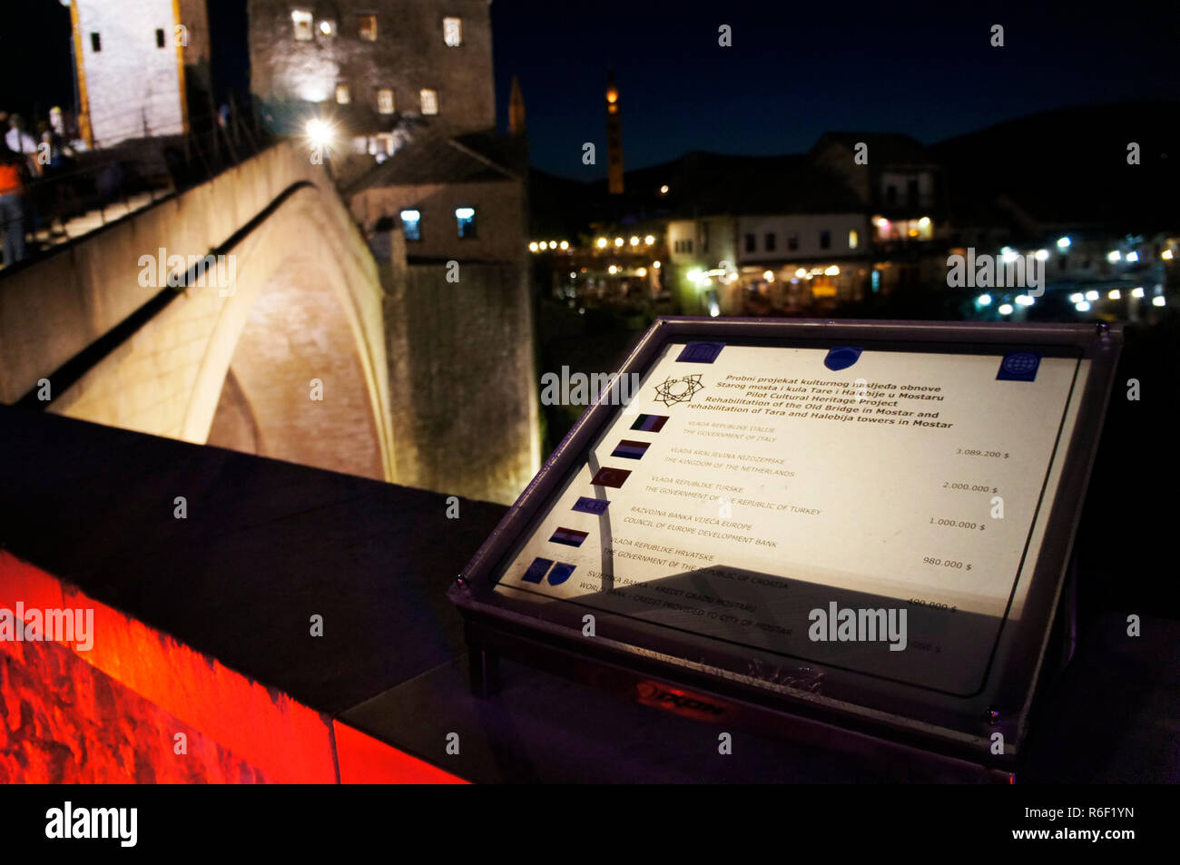 A night view of the historical Stari Most, an arch Old Bridge build in ...