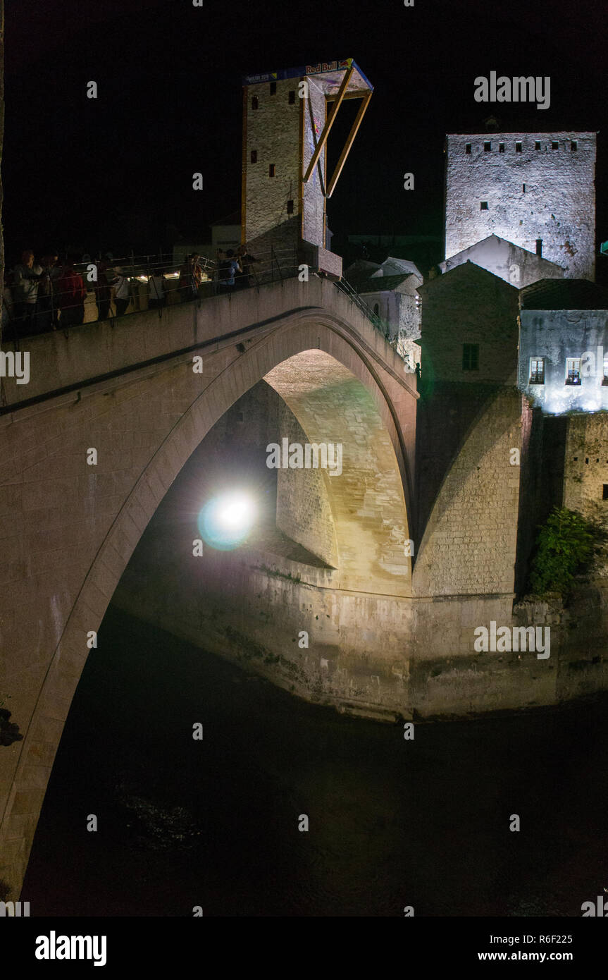 A night view of the historical Stari Most, an arch Old Bridge build in ...