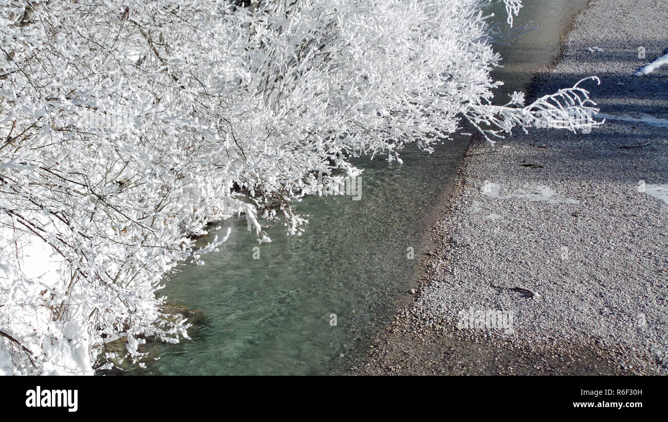 river,isar,bavaria,ice,snow,front crack,forest,winter fairy tale Stock ...