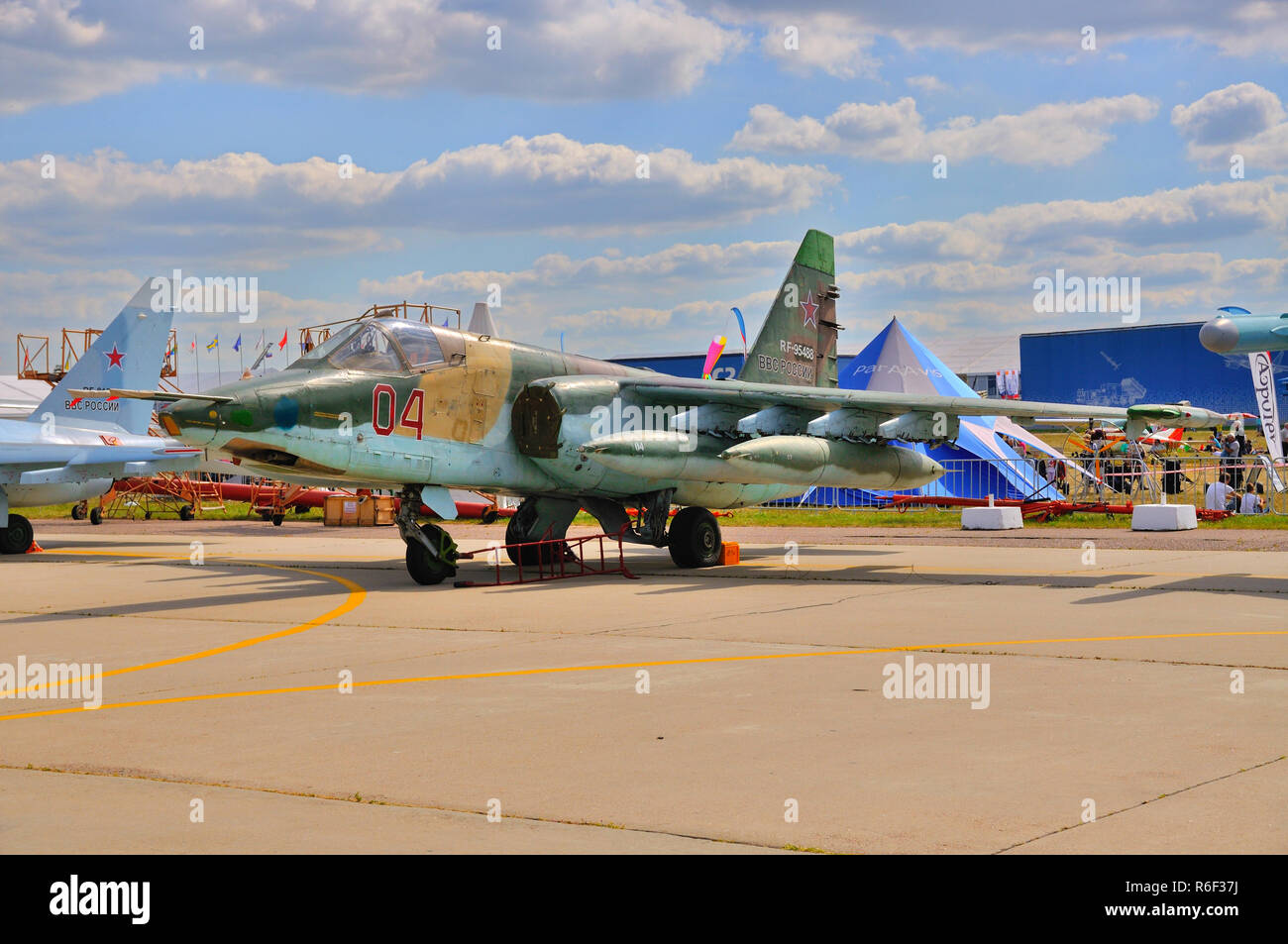 MOSCOW, RUSSIA - AUG 2015: attack aircraft Su-25 Frogfoot presented at ...