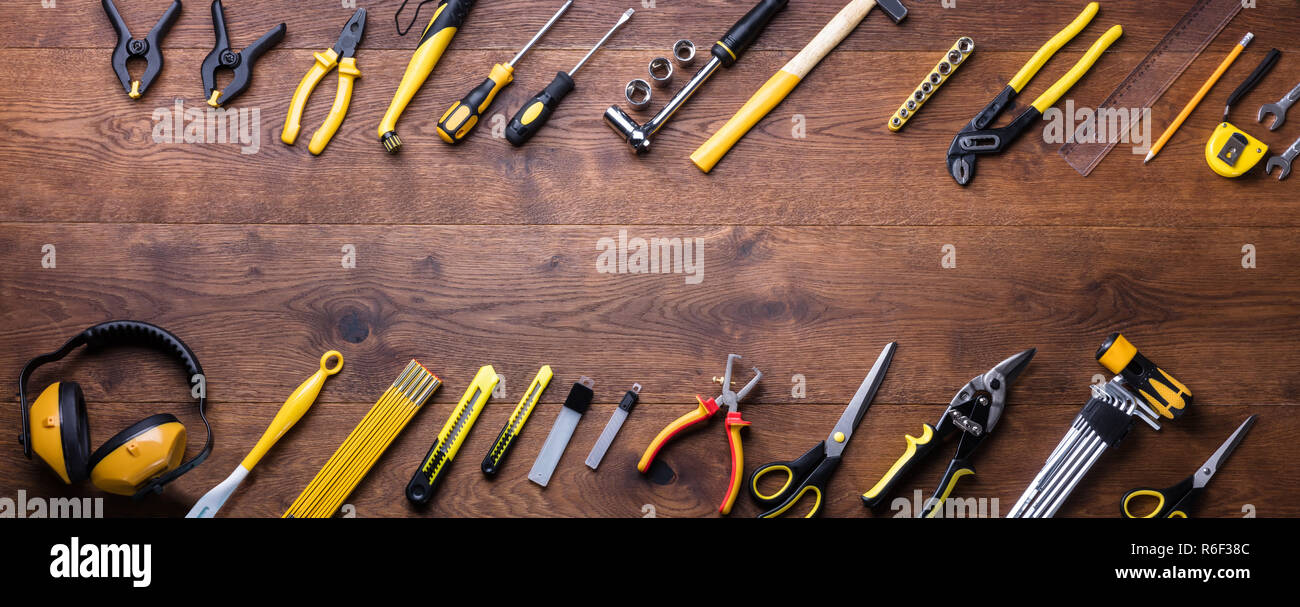 Many Yellow Repair Tools Stock Photo - Alamy