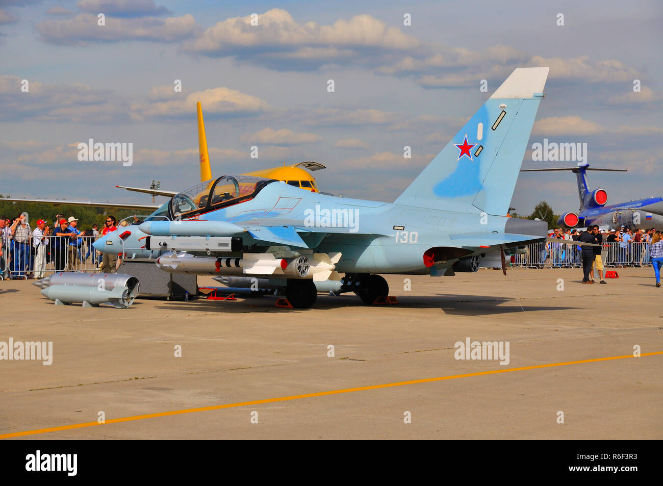 MOSCOW, RUSSIA - AUG 2015: attack aircraft Yak-130 Mitten presented at ...