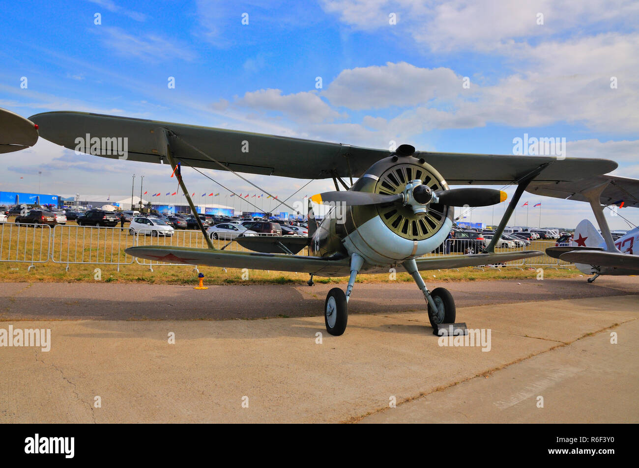 MOSCOW, RUSSIA - AUG 2015: Soviet biplane fighter I-15 Chaika presented ...