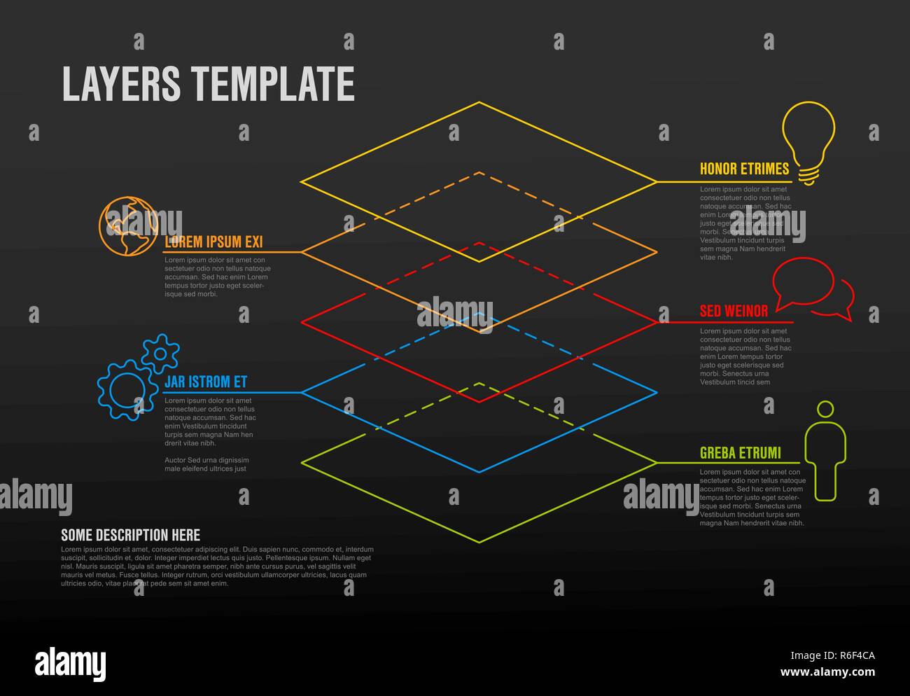 Vector Infographic layers template with five levels for material structure - dark version Stock ...