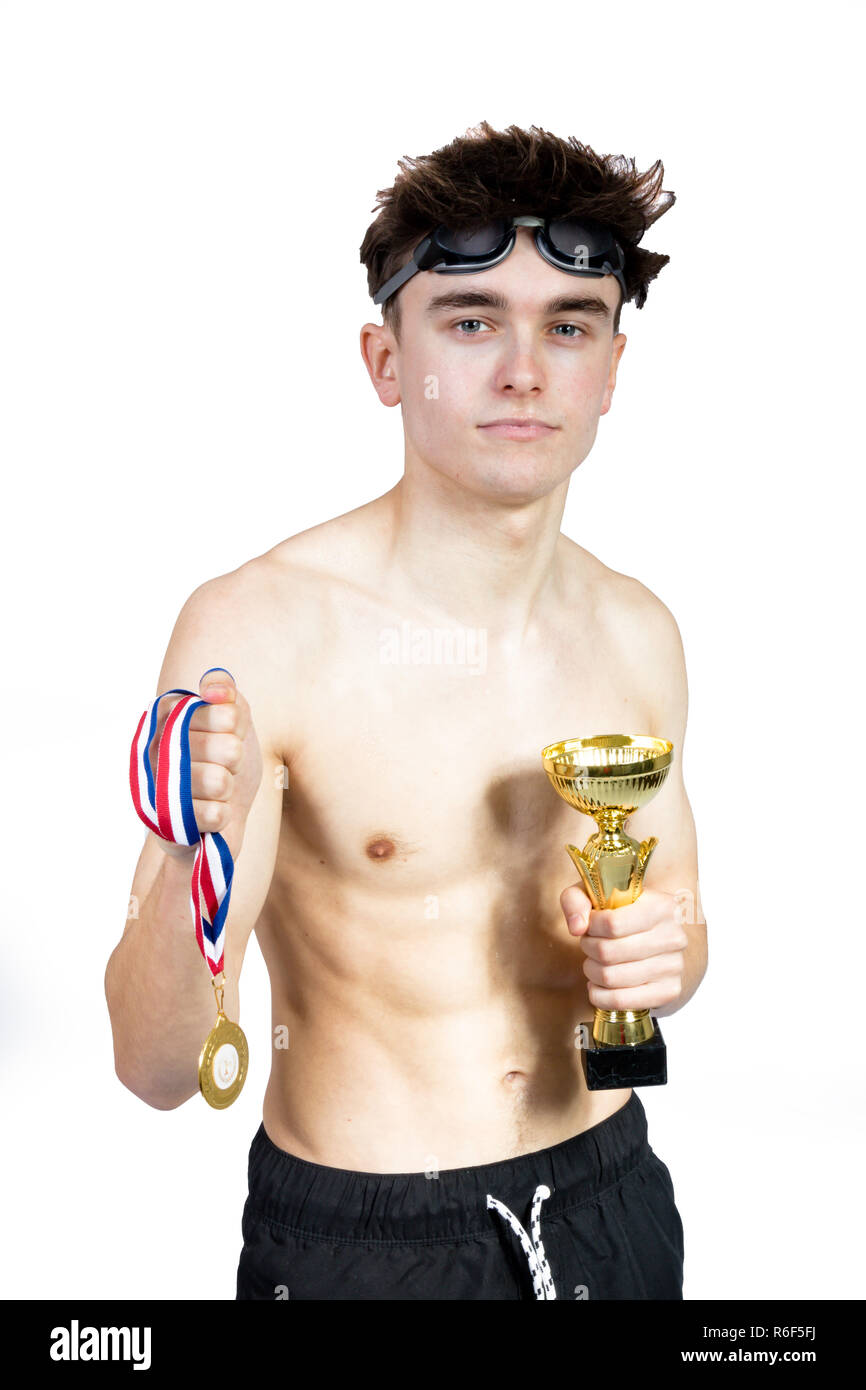 Successful caucasian young adult swimmer isolated on white background ...