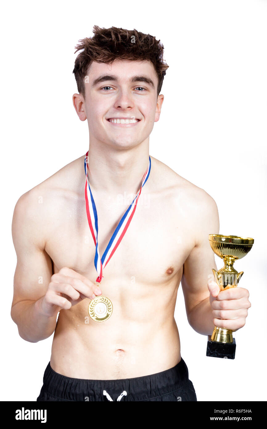 Successful caucasian young adult swimmer isolated on white background ...