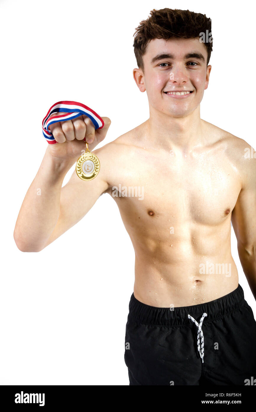 Successful caucasian young adult swimmer isolated on white background ...