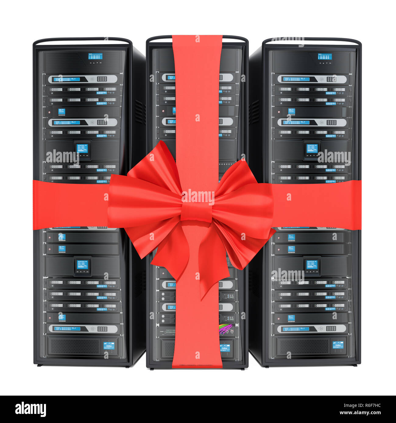 Server racks with bow and ribbon, gift concept. 3D rendering isolated ...