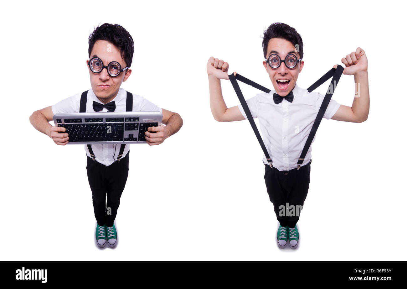 Nerd hacker with computer keyboard on white Stock Photo - Alamy