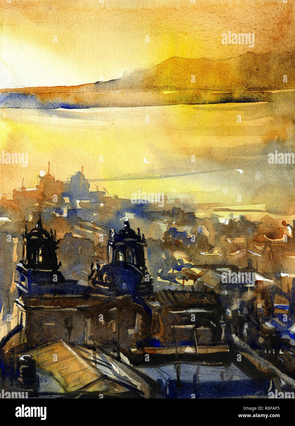 Watercolor painting of 18th century Baroque cathedral in Puno, Peru on ...