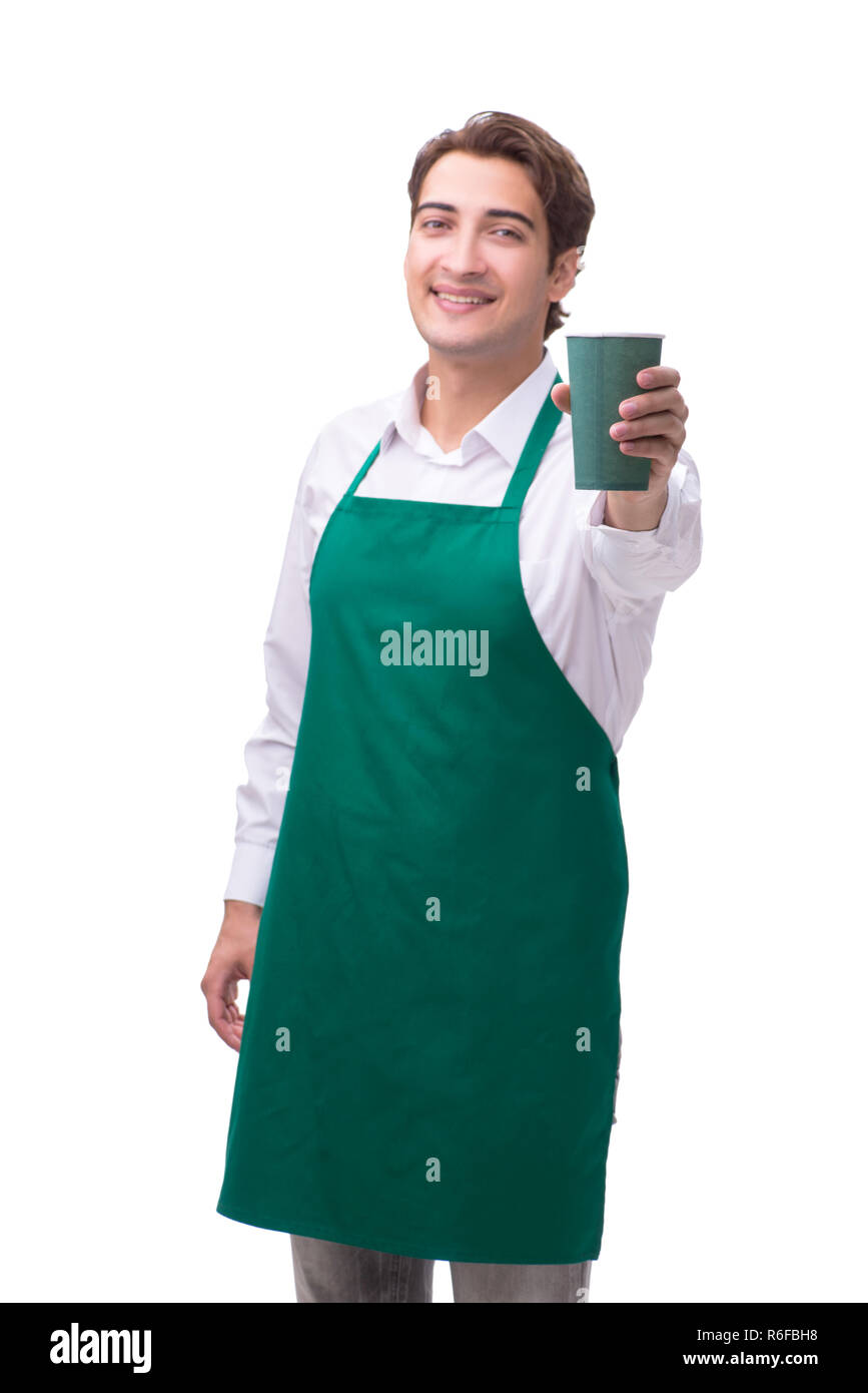 Young barista isolated on white background Stock Photo - Alamy
