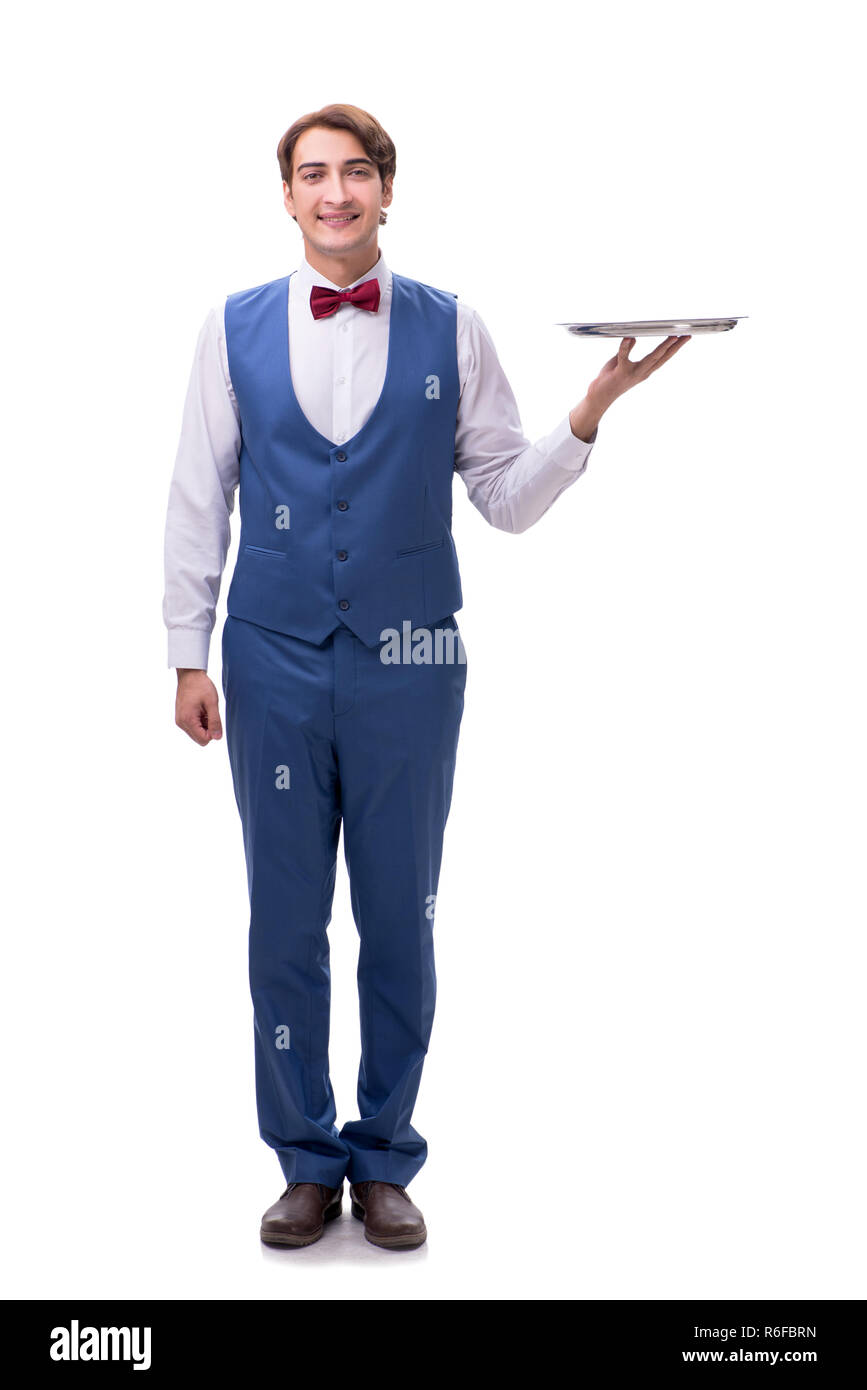 Young waiter isolated on white background Stock Photo - Alamy