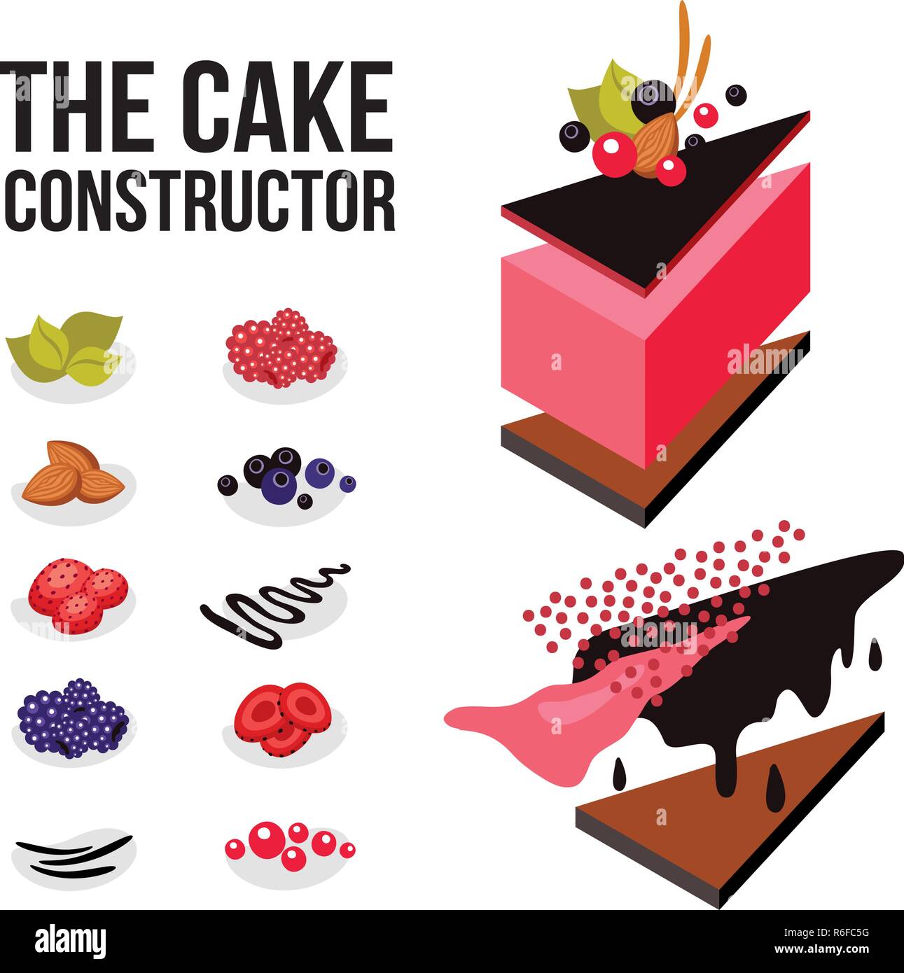 Cake constructor Sweet dessert recipe Modern isometric flat design ...