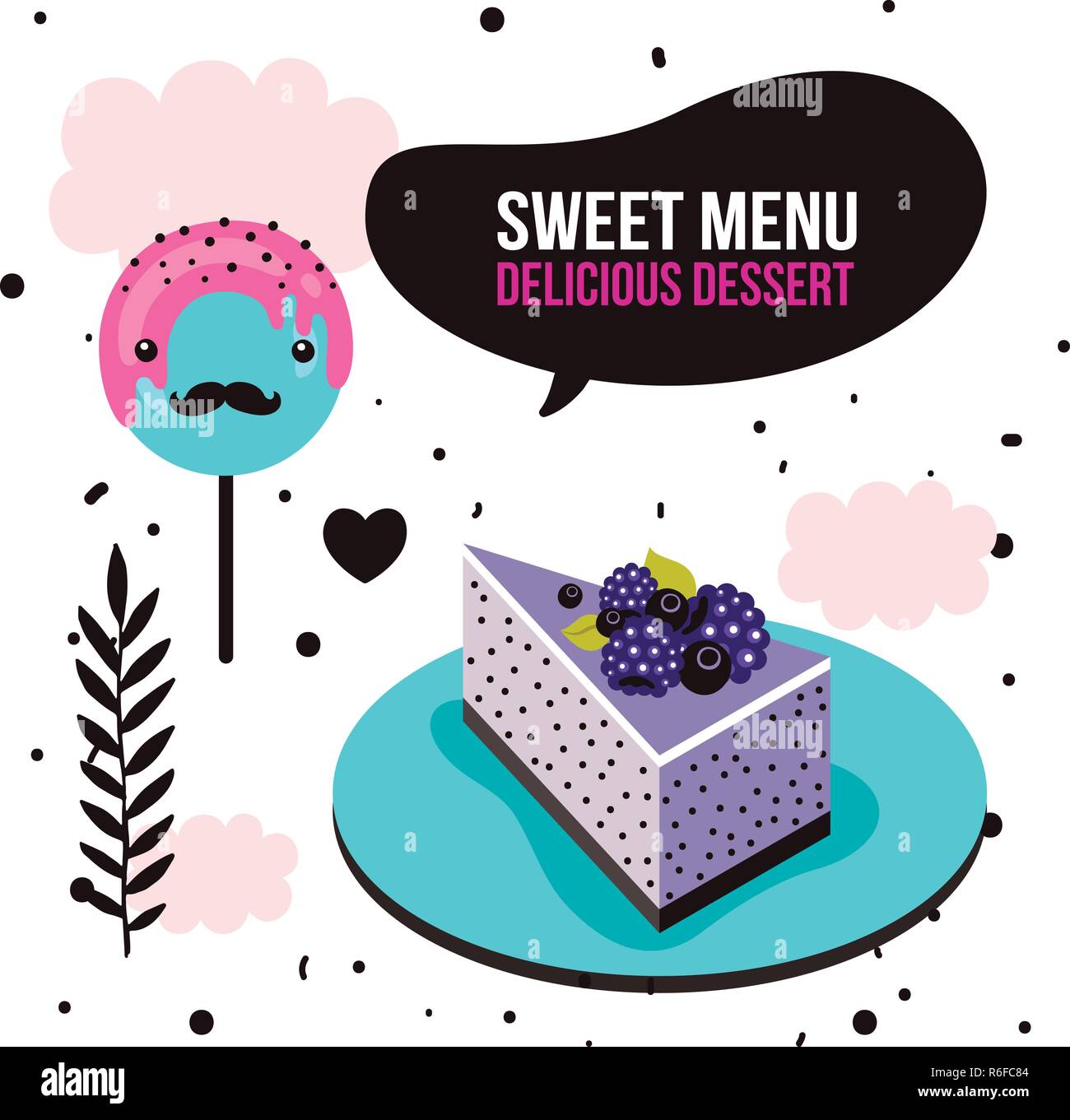 Sweet menu Delicious dessert blackberry cake lollipop set background ...