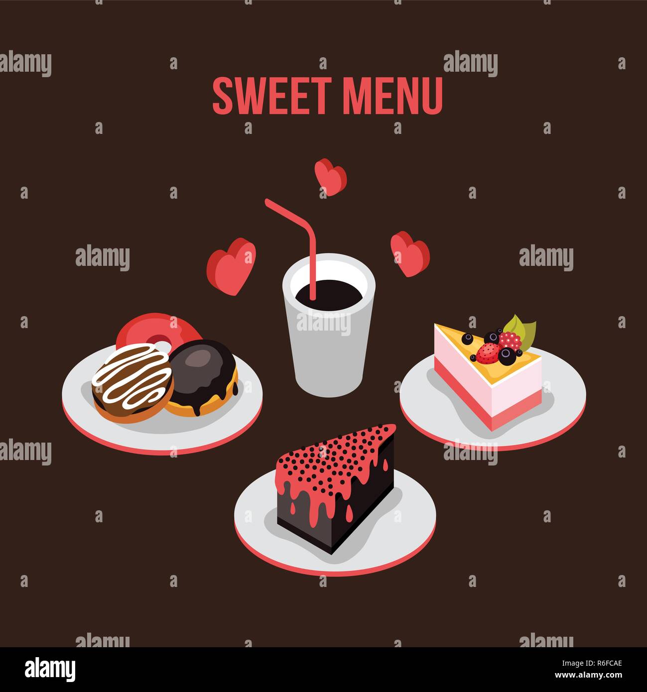 Delicious dessert poster Donut Cake Coffee background Food isometric ...