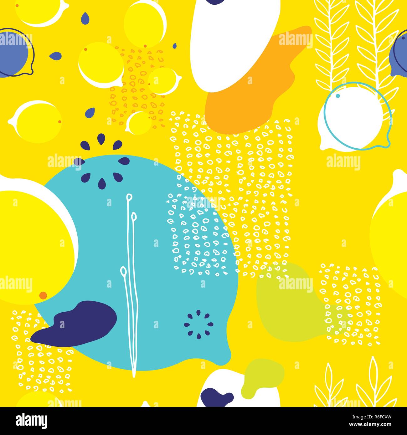 Colorful yellow seamless background pattern with lemons and abstract ...
