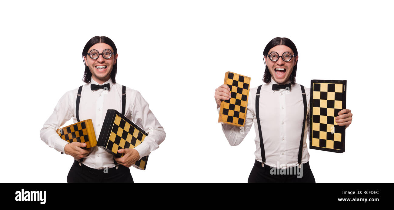 Nerd chess player isolated on white Stock Photo - Alamy