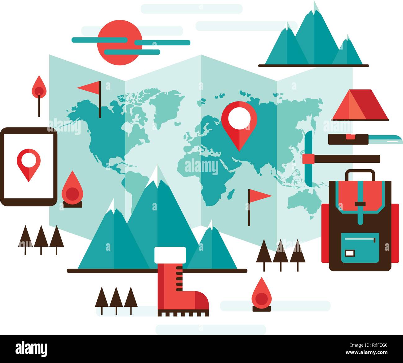 Mountain climbing Hiking Travel and tourism design elements set Vector ...