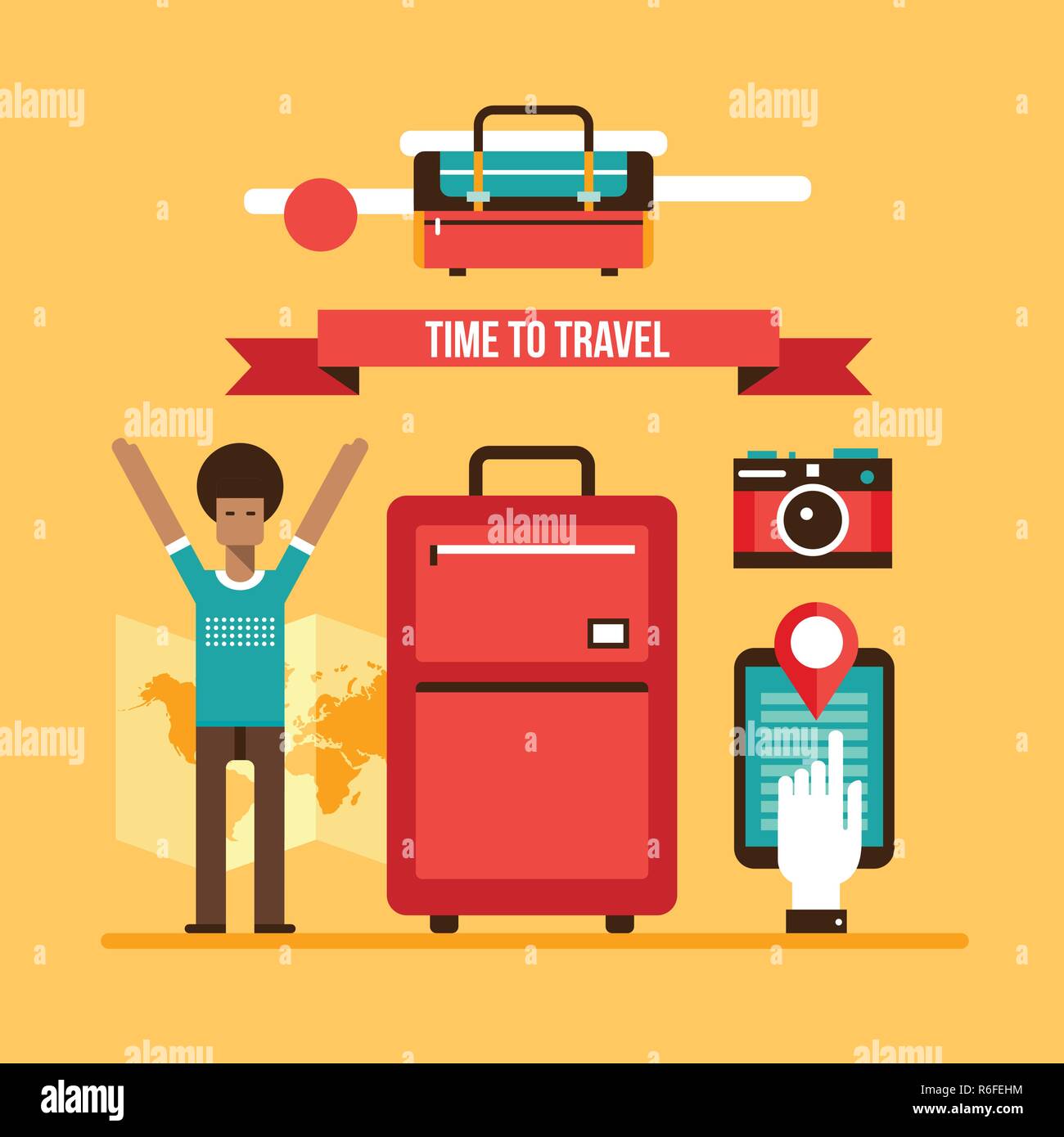 Ready for summer vacation Man with travel bag tablet camera Vector ...