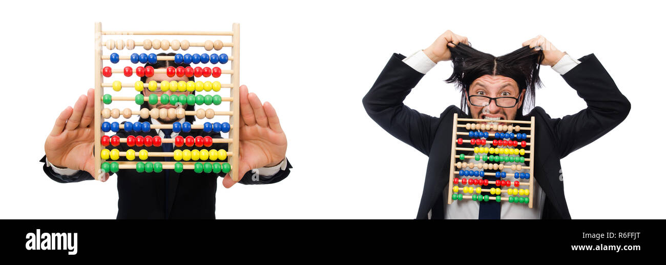 Funny man with calculator and abacus Stock Photo - Alamy