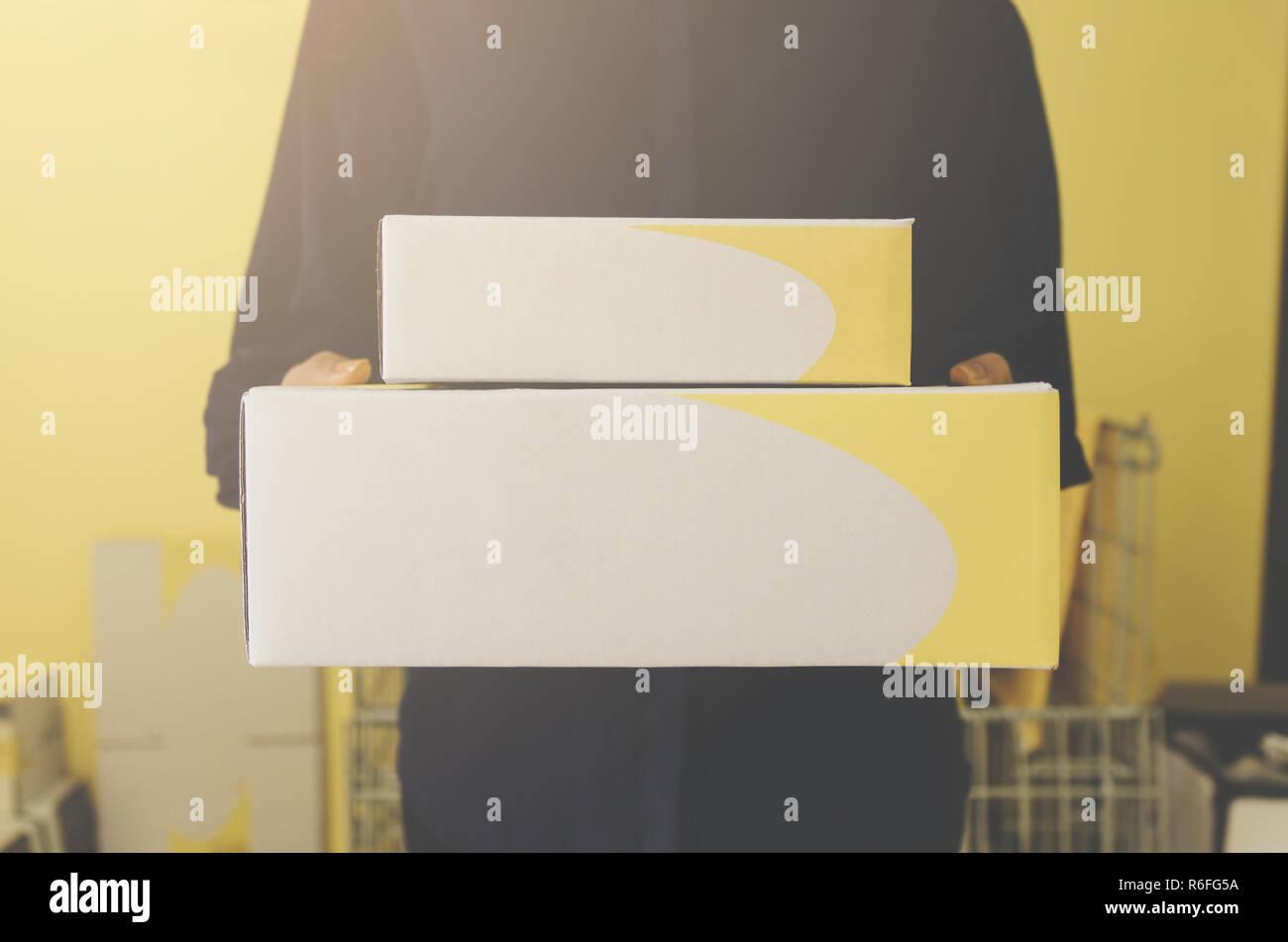 Close-up of parcel box and hand holding a package, Delivery concept and ...