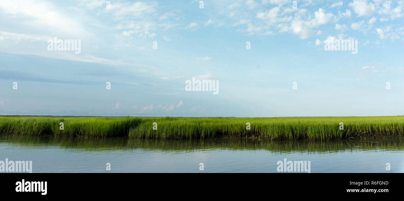 marsh grass and coastal barrier island inlet at high tide Stock Photo ...