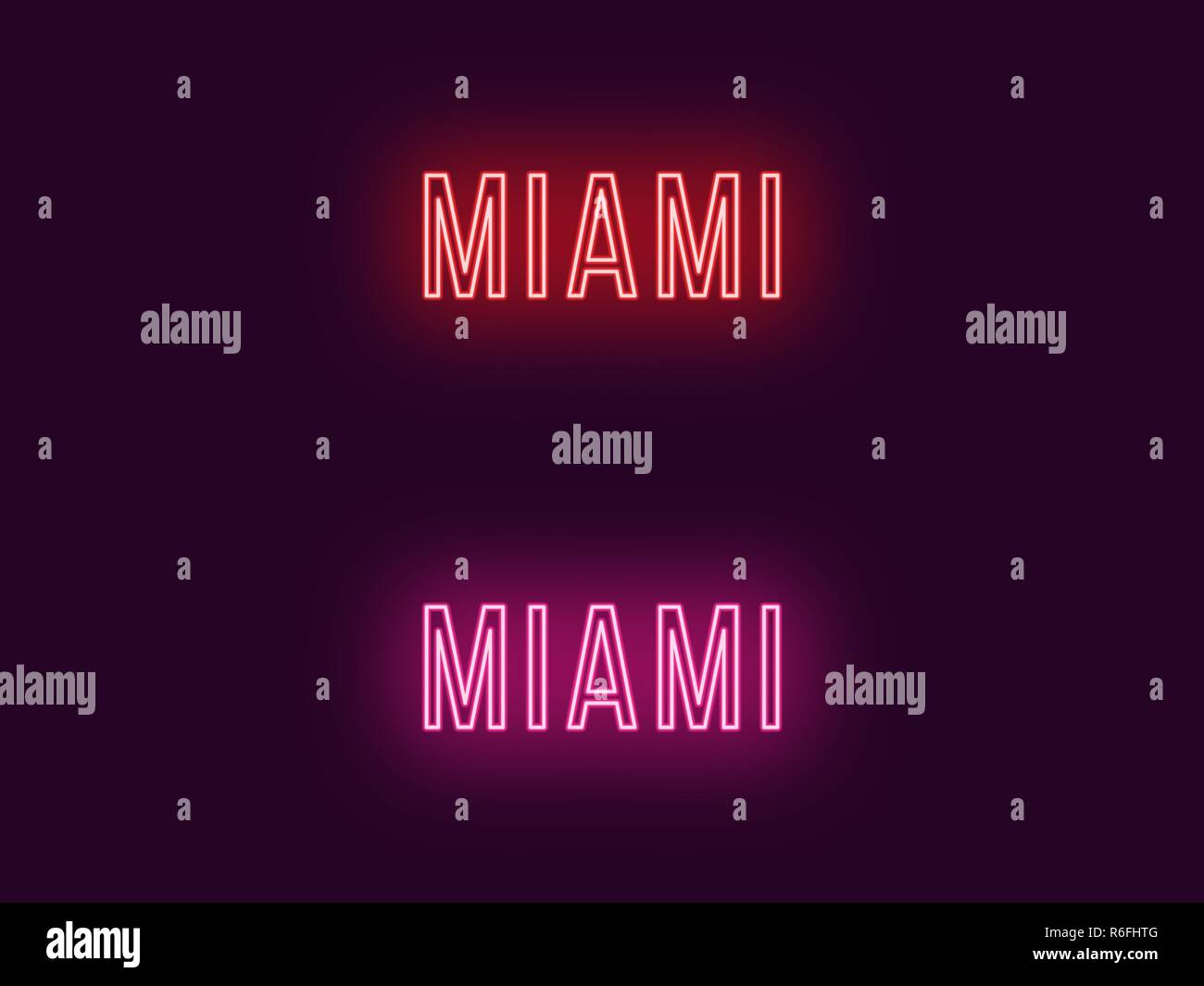 Neon name of Miami city in USA. Vector text of Miami, Neon inscription ...