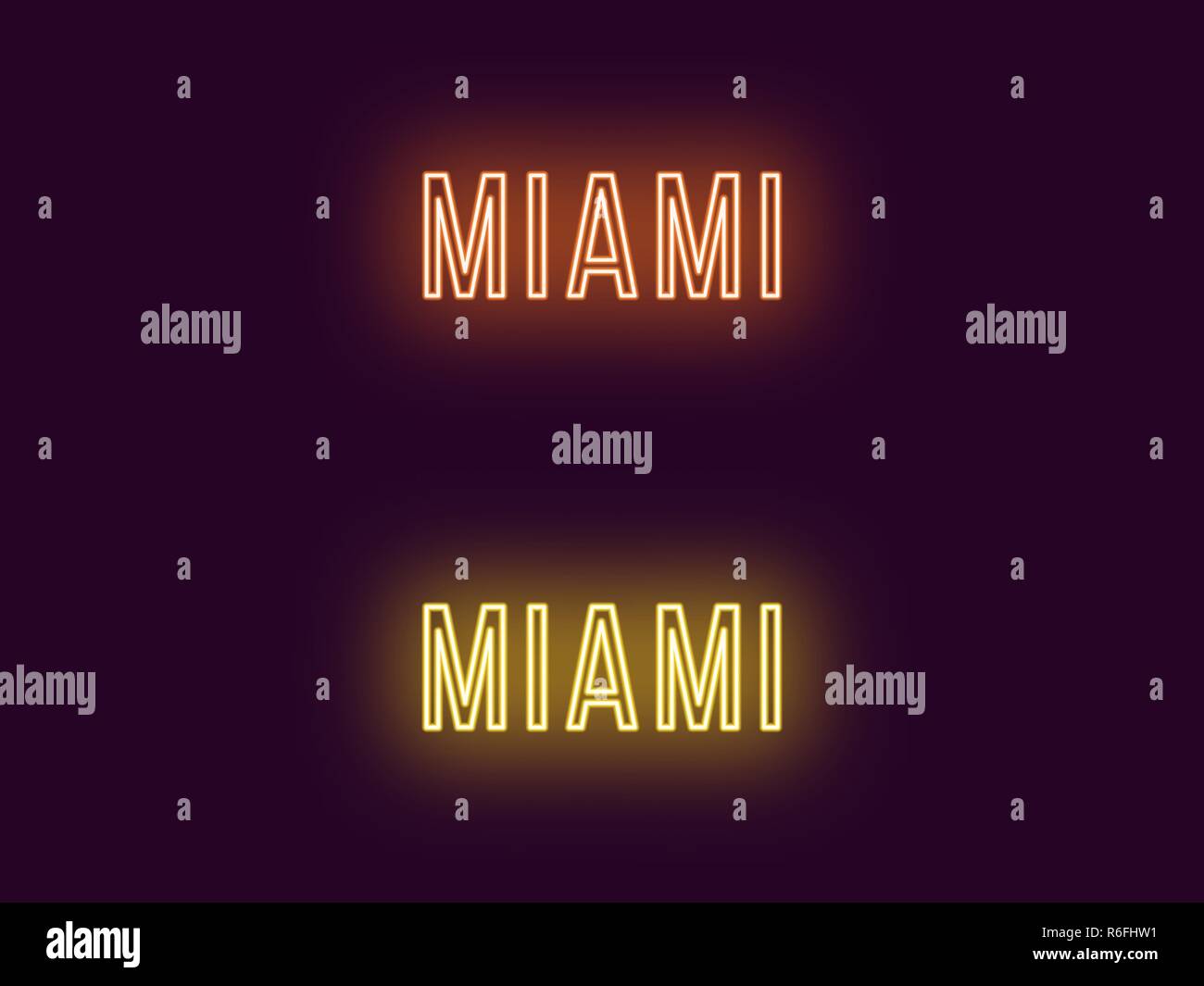Neon name of Miami city in USA. Vector text of Miami, Neon inscription ...