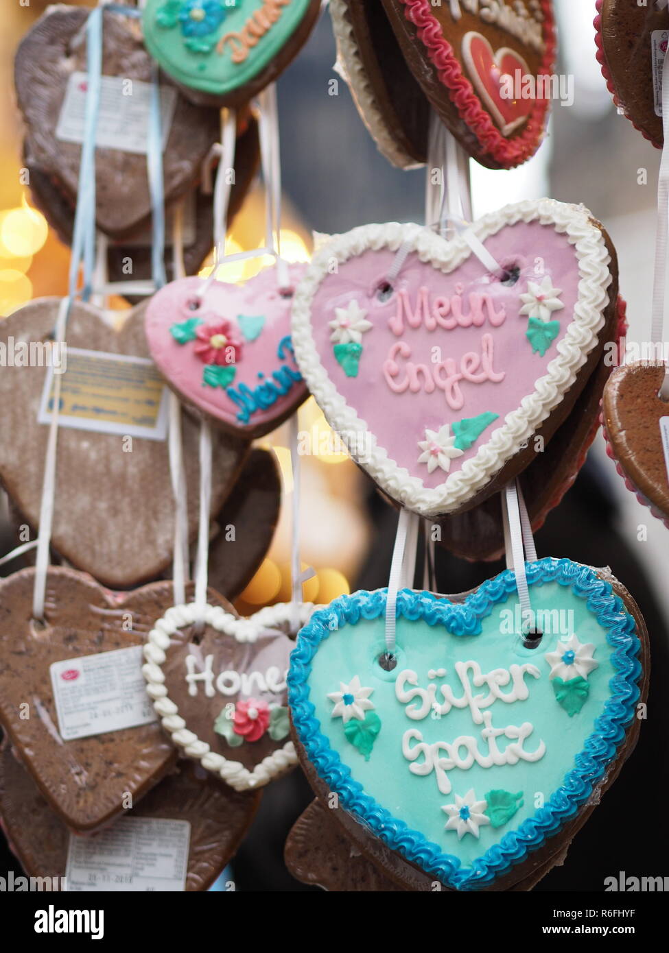 Cologne, Germany - December 07, 2017. Gingerbread heart with german ...