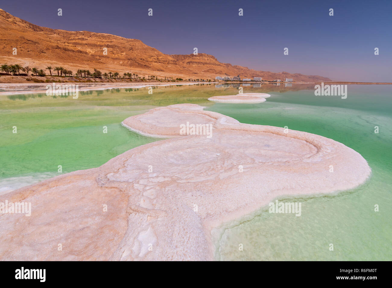 Dead Sea Coastline With White Salt And Mountains In Ein Bokek, Israel Stock Photo - Alamy