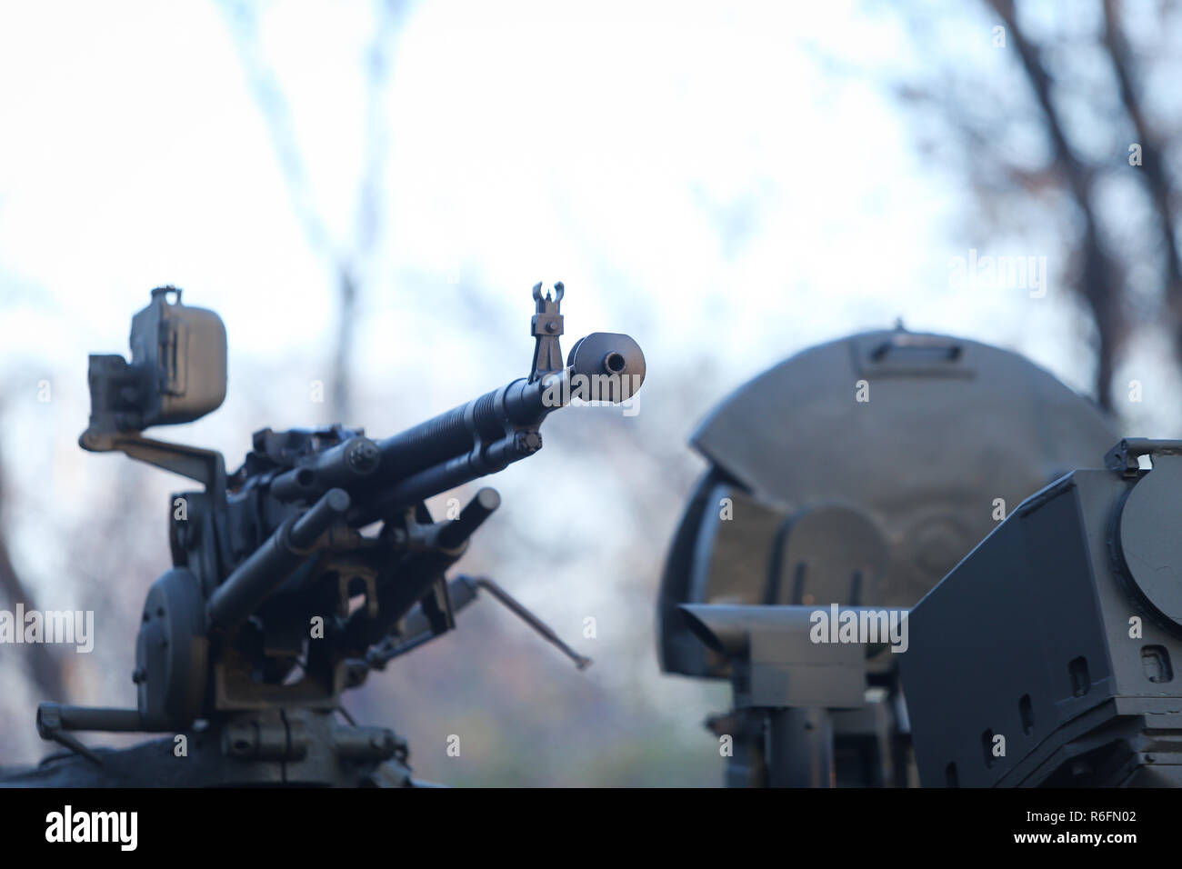 BUCHAREST, ROMANIA - December 1, 2018: 50 cal machine gun mounted on a ...